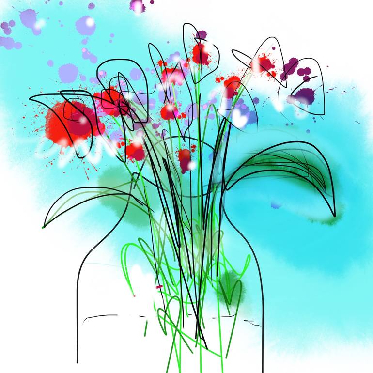 Flowers in a Milk Bottle Mixed Media by Lisa Pedersen | Saatchi Art