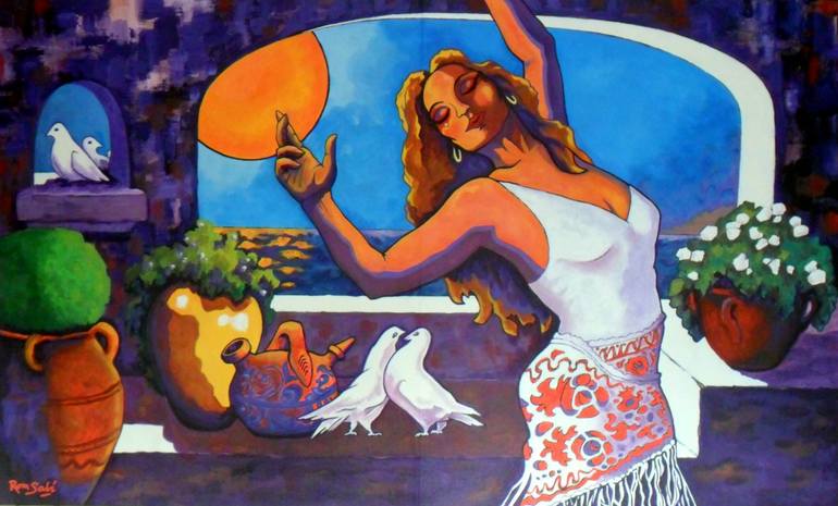 Madonna Maria, the doves and the flowers Painting by Romsabí Art ...