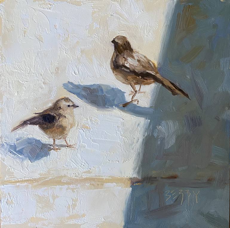 Sparrows At Sunset Painting by Jenny Berry | Saatchi Art