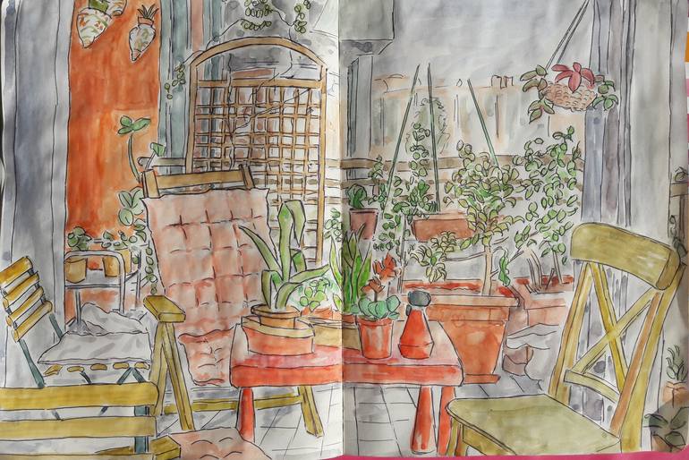Home terrace Drawing by Oriol Magrans | Saatchi Art