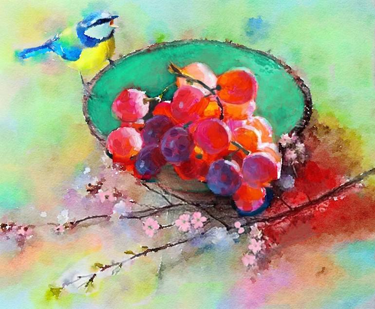 Yellow tit, grapes, and cherry blossom Painting by Kath Sapeha ...