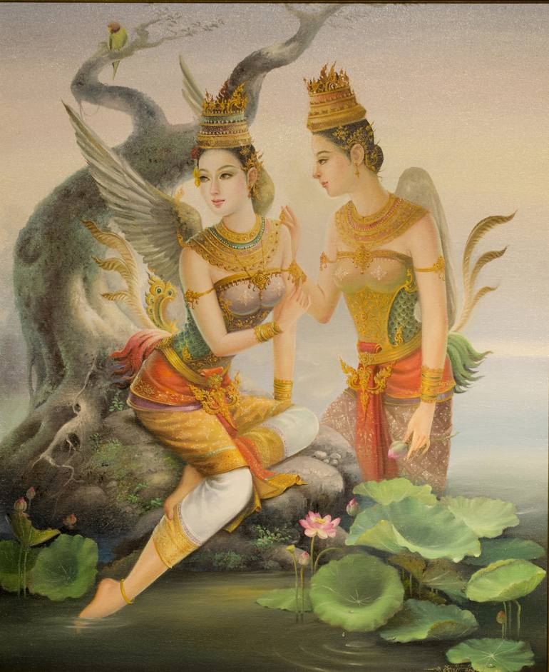 Mythical Kinaree Playing in Anodard Pond Painting by Mano Gallery ...