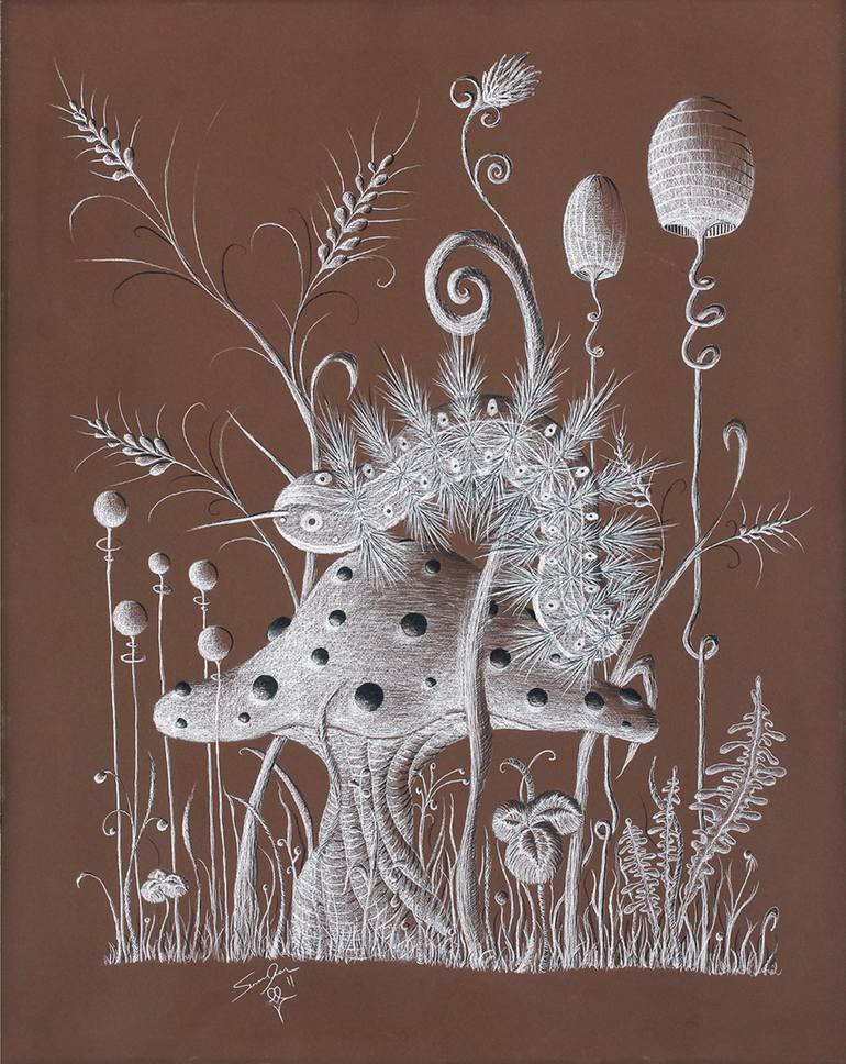 Spotted Mushroom and Caterpillar Drawing by Jessica Stepp | Saatchi Art