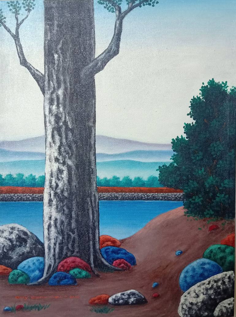 Lone Tree by the River Painting by Roy Espinosa | Saatchi Art