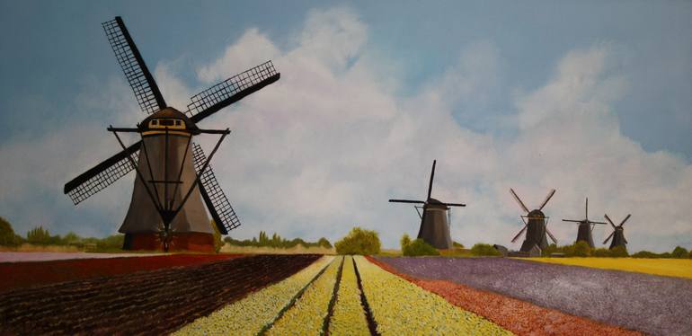 Windmills and Flowers Painting by Richard Post | Saatchi Art