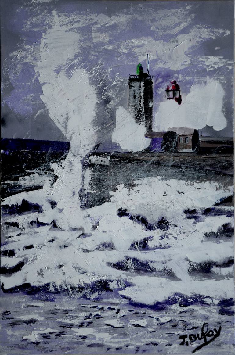 Tempête sur la jetée de Fécamp Painting by Jérôme DUFAY | Saatchi Art