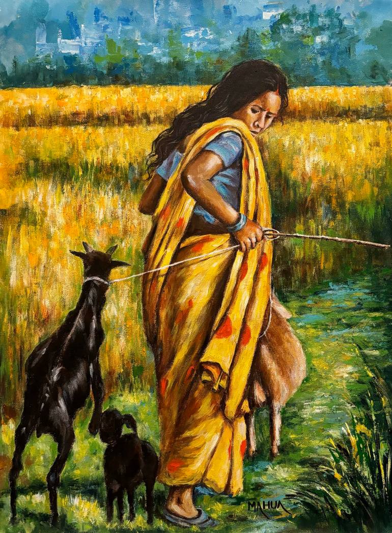 A Lady & Goats Painting by Mahua Pal | Saatchi Art
