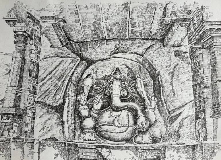 Lepakshi Ganesha Drawing by Mahua Pal | Saatchi Art