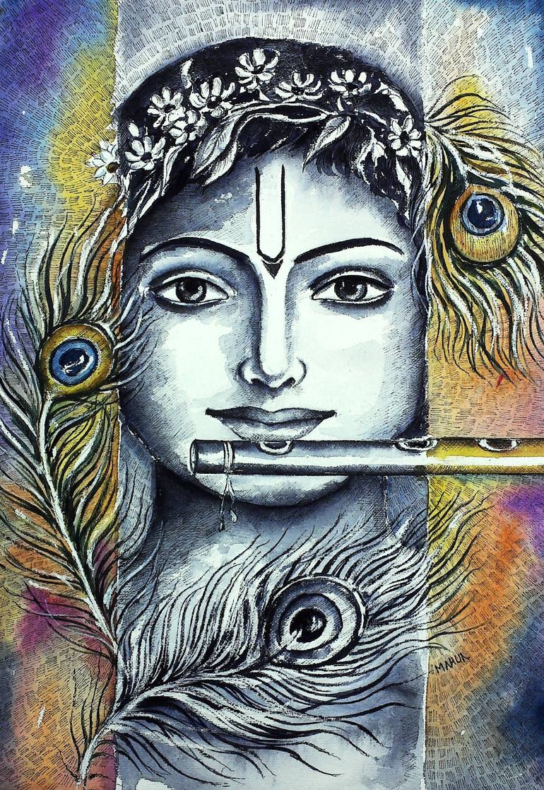 Krishna & His Flute Painting by Mahua Pal | Saatchi Art