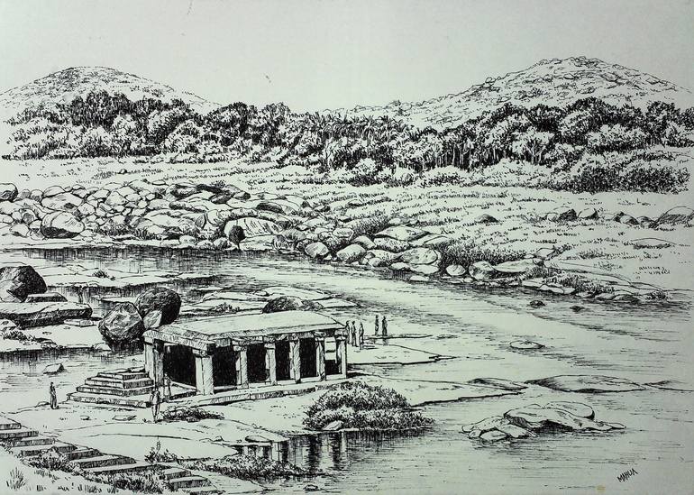 Banks of Tungabhadra River - Hampi Drawing by Mahua Pal | Saatchi Art