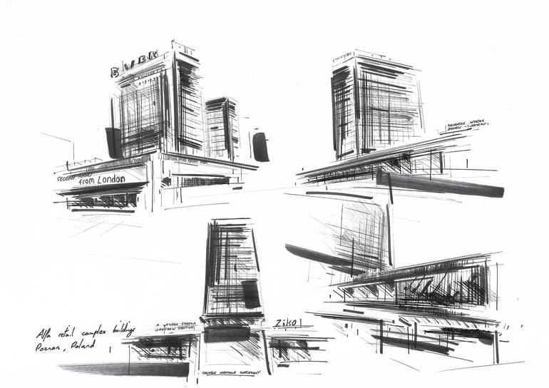 Alfa Retail Complex Buildings, Poznan, Poland Drawing by Eastern Bloc ...