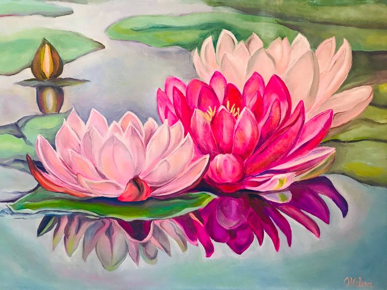 Lotuses in the pond Painting by Olga Volna | Saatchi Art