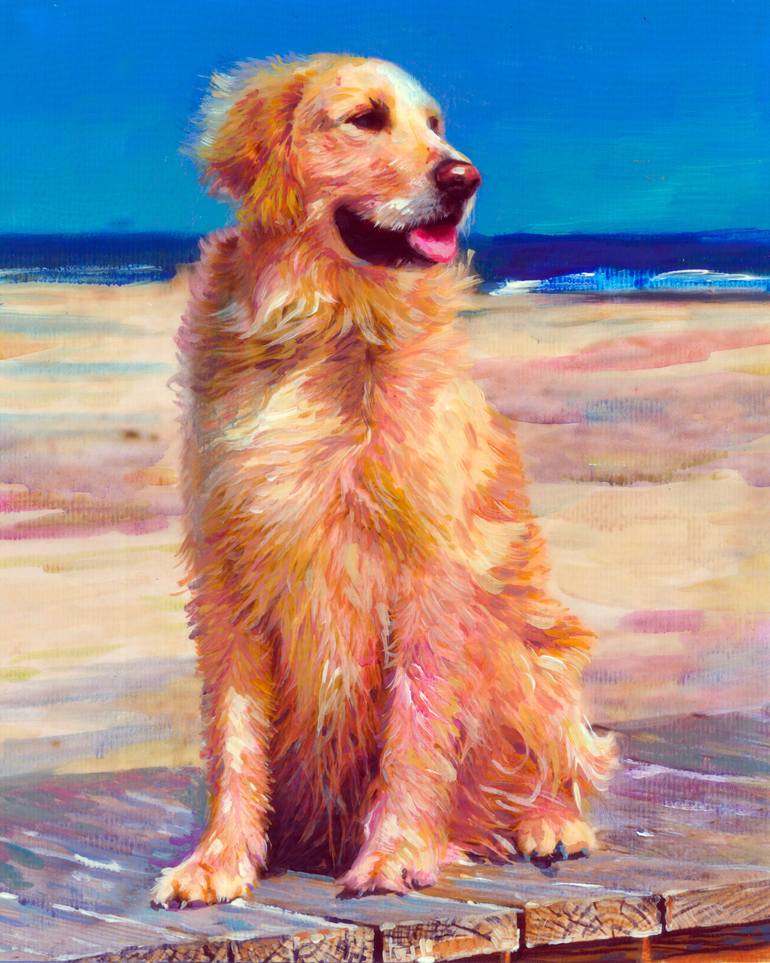 Golden Retriever At The Beach painting by haiyan Painting by Haiyan Wang | Saatchi Art