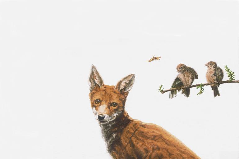 Fox, sparrows and a third party. Painting by Maxine Cameron | Saatchi Art