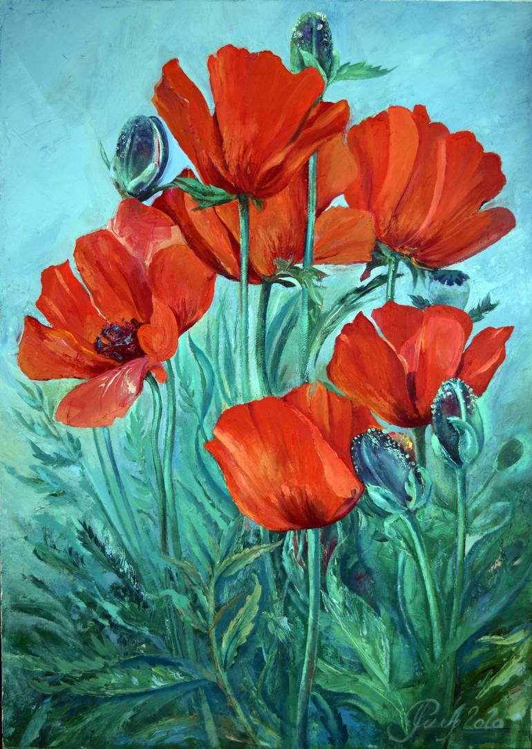 Red poppies. Painting by Rif Khasanov | Saatchi Art