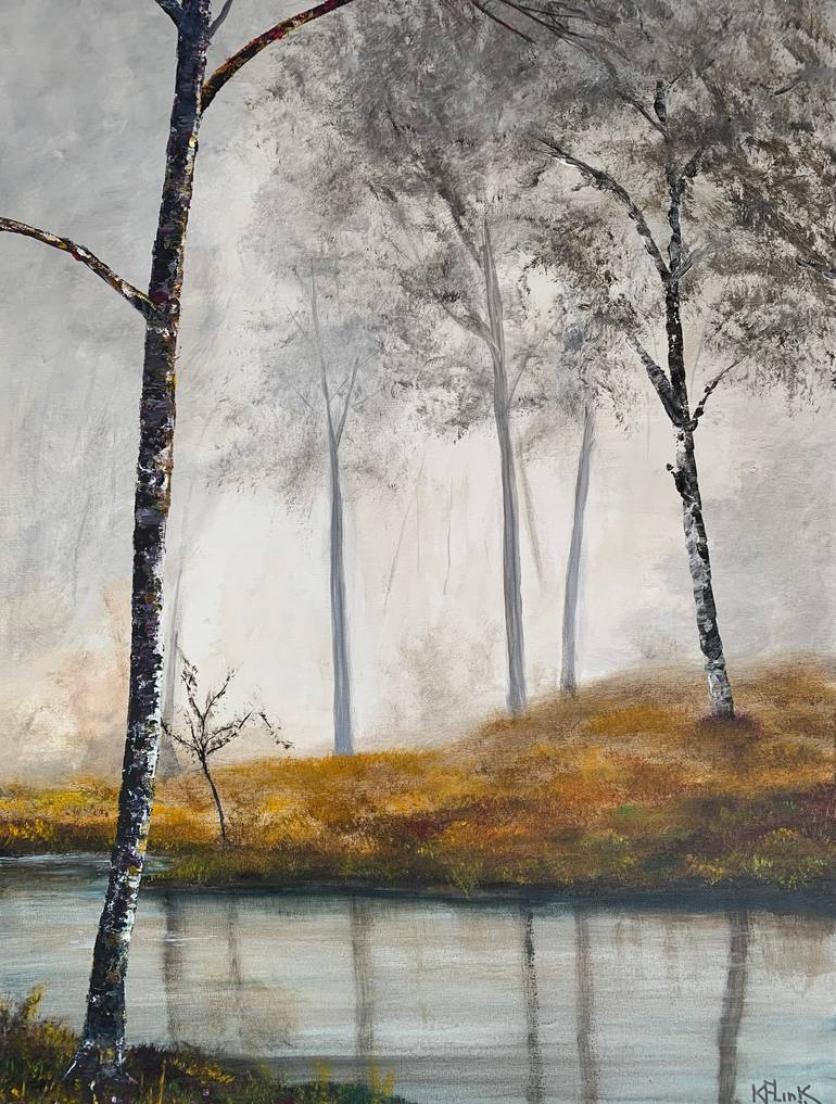 Misty forest lake Painting by Kim Flink | Saatchi Art