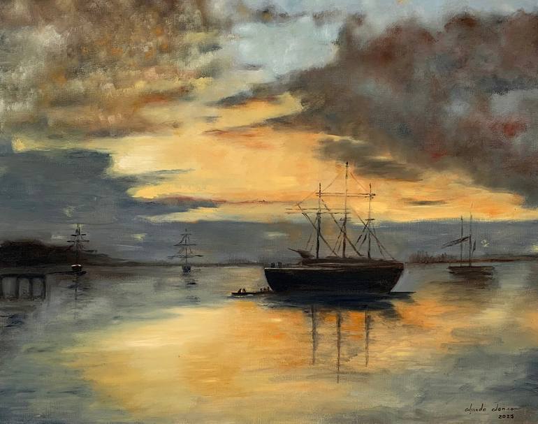 Sunset at the Port. Painting by Alfredo Alonso | Saatchi Art Mexico