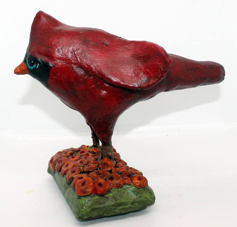 Mr Cardinal - paper mache clay bird sculpture Sculpture by Virginia ...