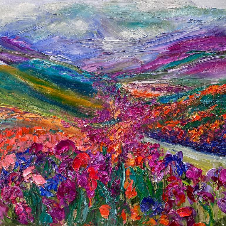 Foggy Valley of Flowers Painting by Maria-Victoria Checa | Saatchi Art