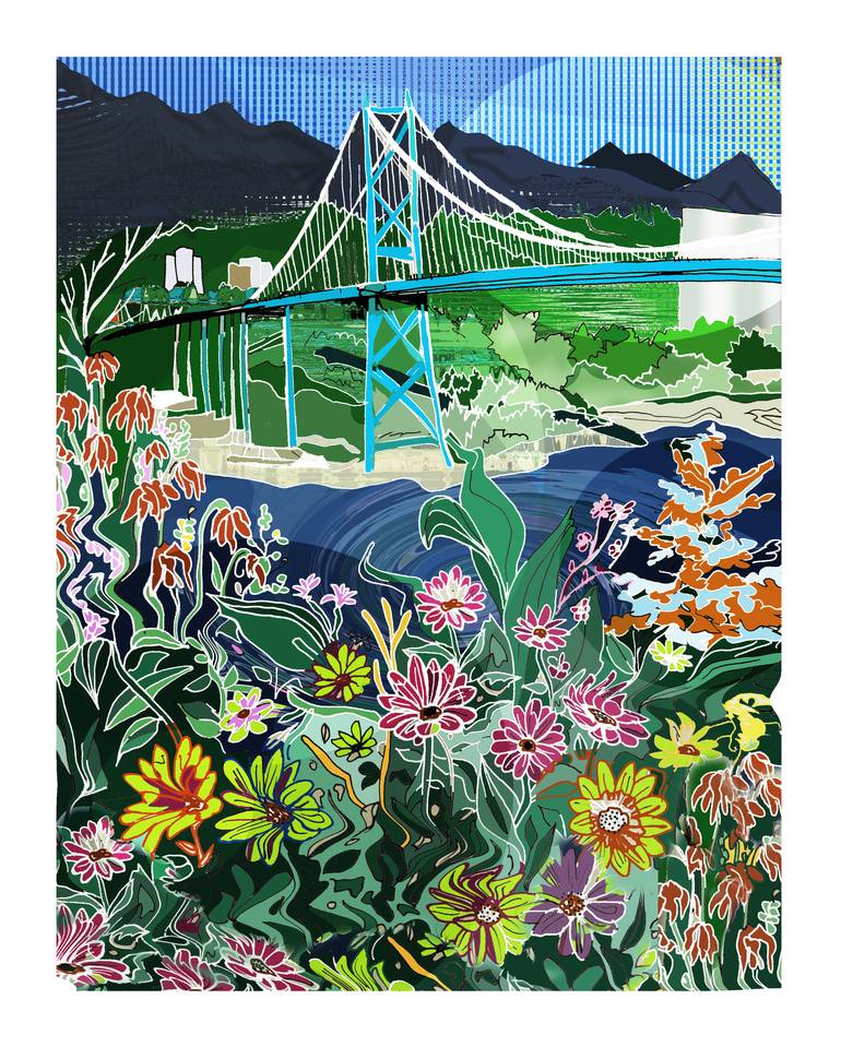 Lions Gate Bridge and Bloom Mixed Media by Brigitte Langford | Saatchi Art