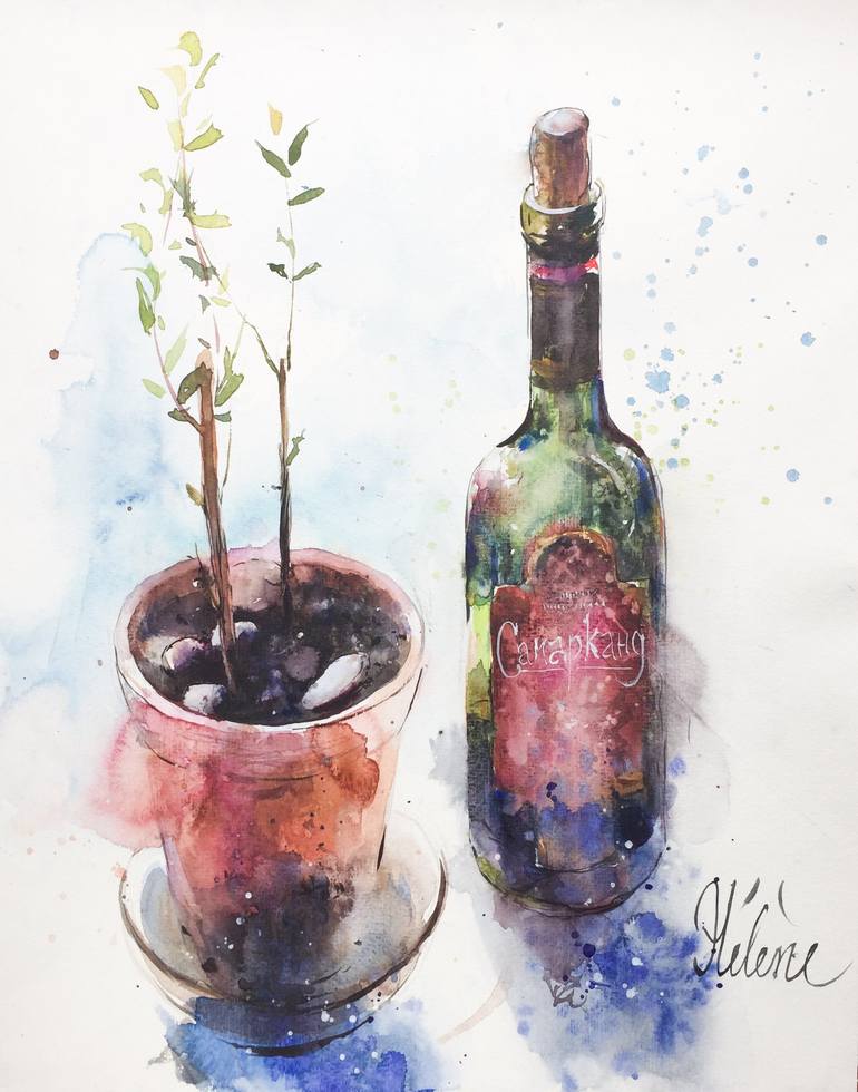 steel life pomegranate trees and wine watercolor Painting by Elena ...