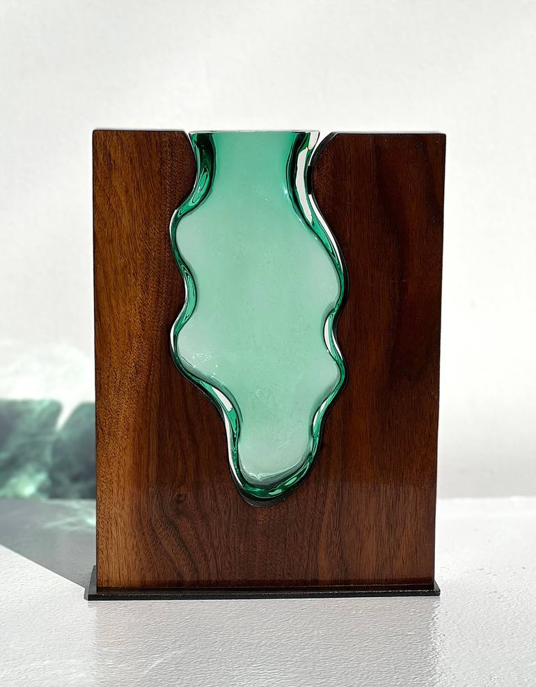 Handblown Emerald Glass Lake with Walnut Wood Sculpture by scott ...