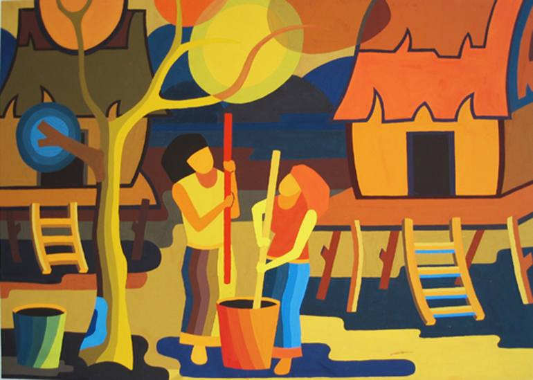 pounding rice Painting by Phung Wang | Saatchi Art