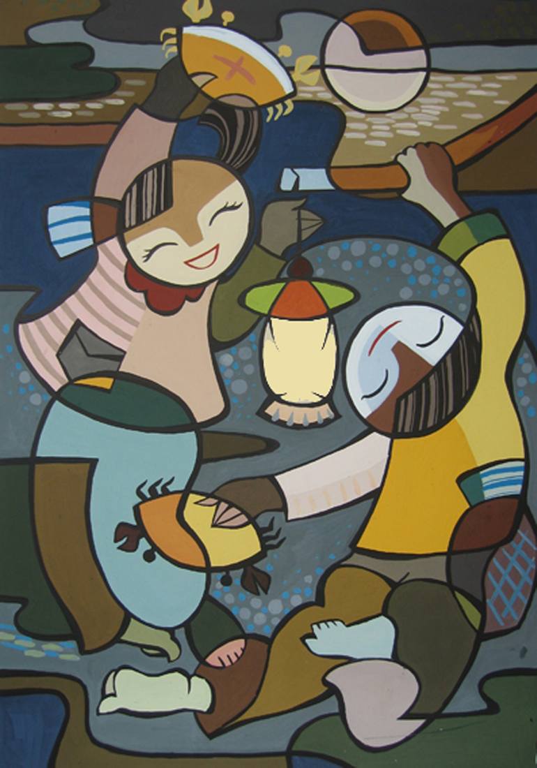 Catching night fish Painting by Phung Wang | Saatchi Art