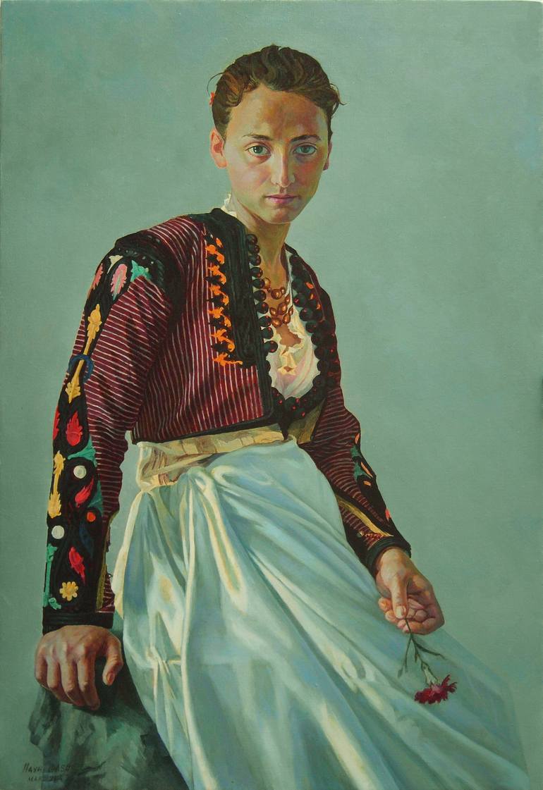 Girl with carnations Painting by Haxhi Gashi | Saatchi Art