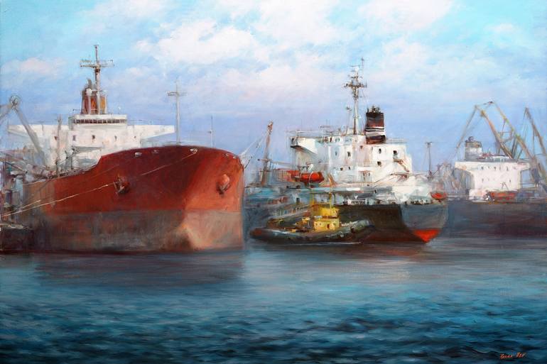 Oil Tanker Ships on the Port. Painting by Roman Ben | Saatchi Art