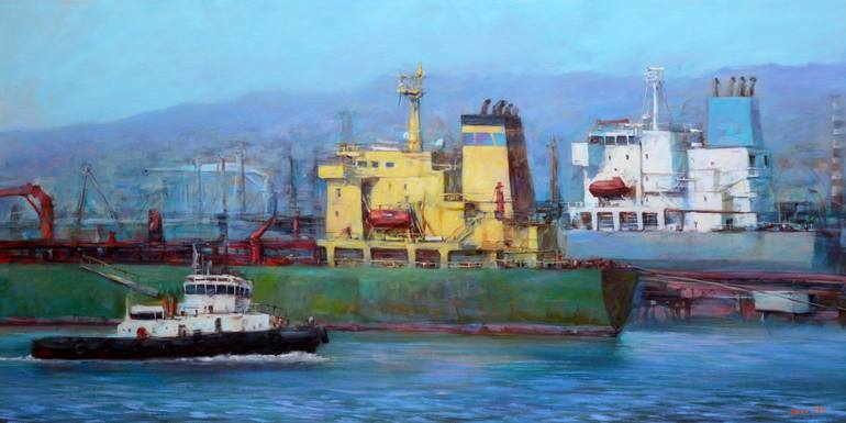 Oil Tanker Ships on the Port. Painting by Roman Ben | Saatchi Art