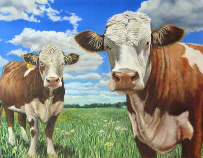 Two Cows in a Summer Meadow Painting by Victoria Heatherbell | Saatchi Art