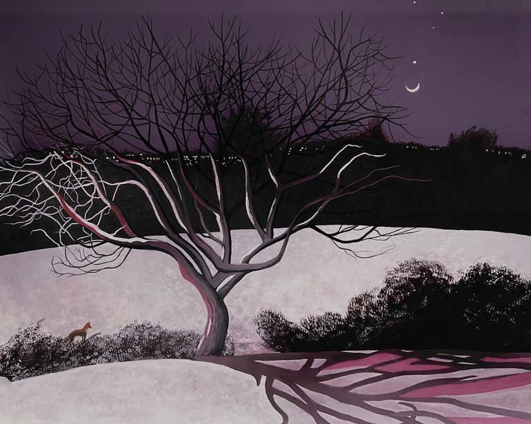 Crescent Moon and Venus rising, Fox and Snow Painting by Janet Darley ...