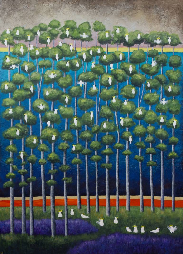 Cockatoos on Blue Painting by Kate Graham | Saatchi Art