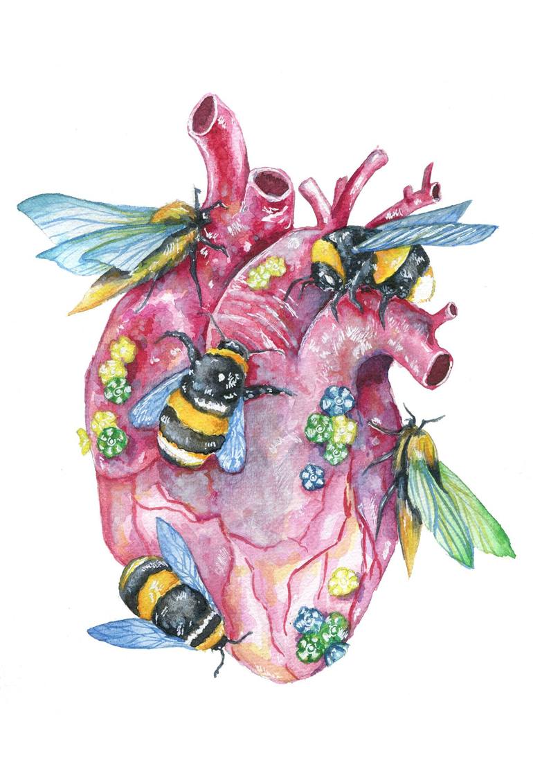 Heart, bumblebees and flowers Painting by Mary M | Saatchi Art