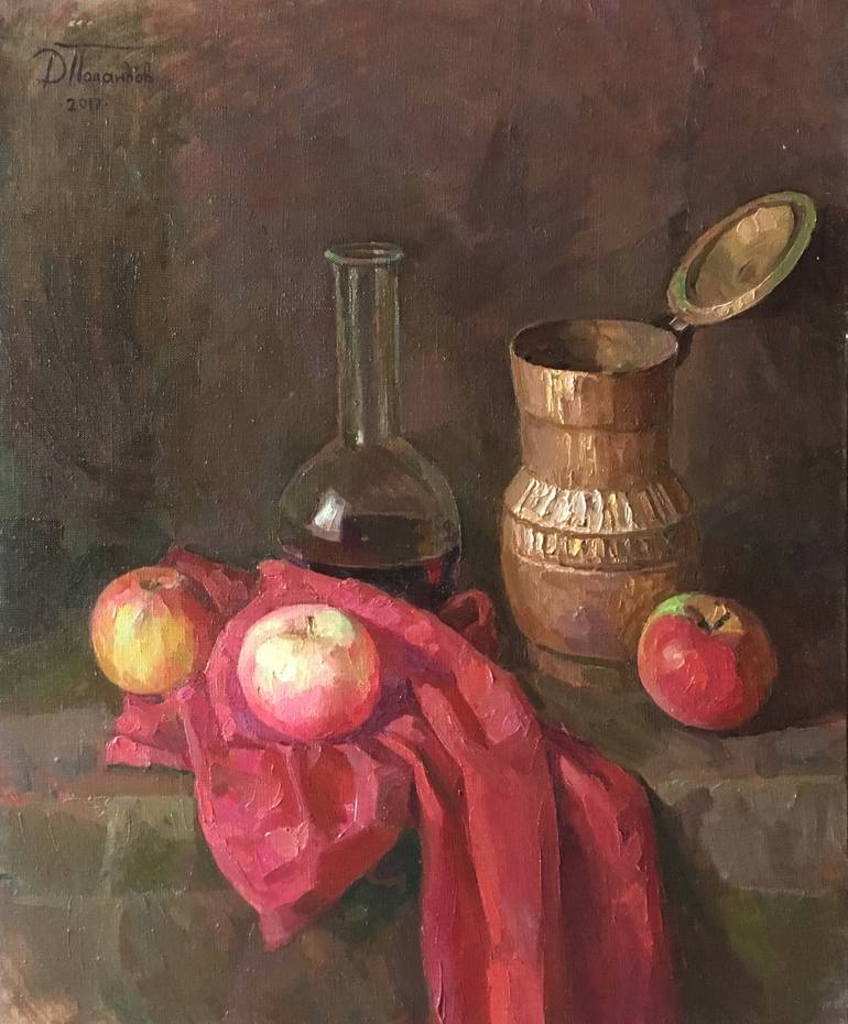 Still life with red drapery Painting by Dmitry Polandov | Saatchi Art