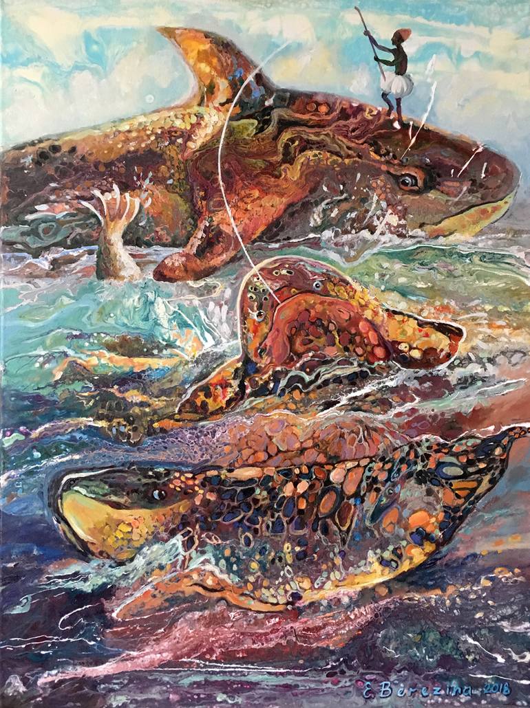 Catch Big Fish Painting by Elena Berezina | Saatchi Art