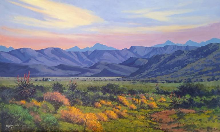 Mountain Sunset Panorama Painting by Richardt Beyleveld | Saatchi Art