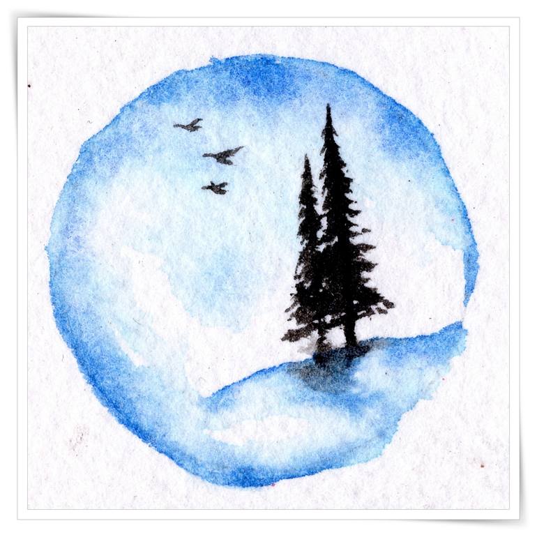 Misty Pine Tree Miniature Painting by Chaithra M | Saatchi Art