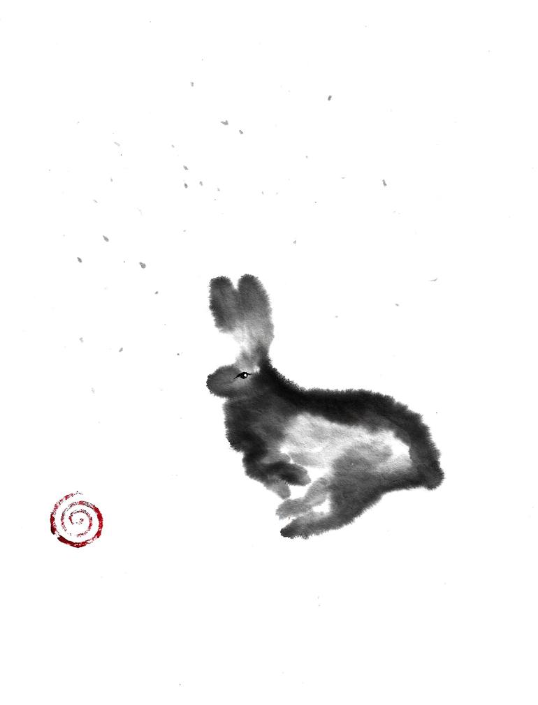 Running rabbit Sumi-e Painting by Milla Krivdina | Saatchi Art