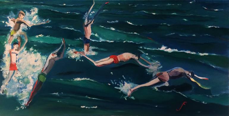 Swimmers, Coney Island Painting by Jane Leibowitz | Saatchi Art