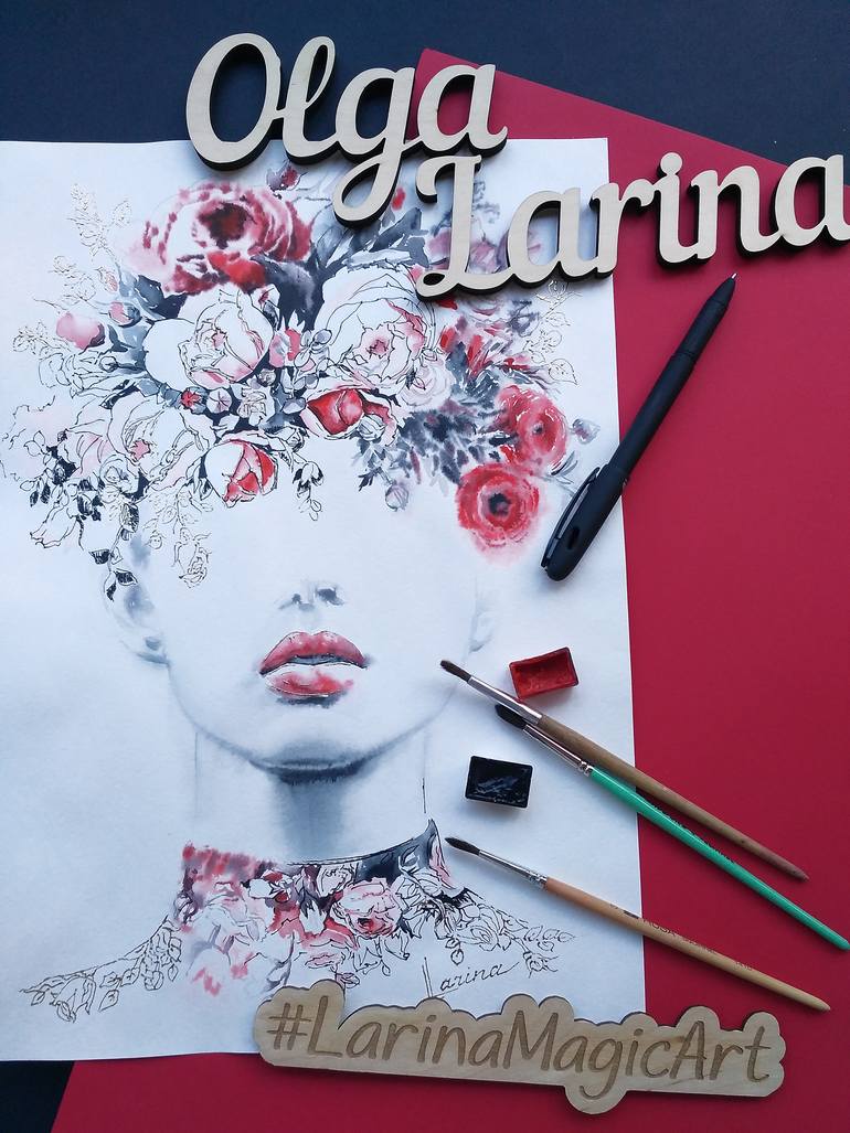Portrait with flowers Painting by Olga Larina | Saatchi Art