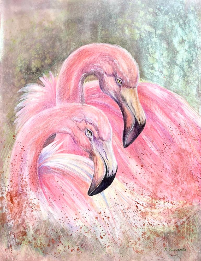 Flamingo couple Painting by Ksenia Lutsenko | Saatchi Art