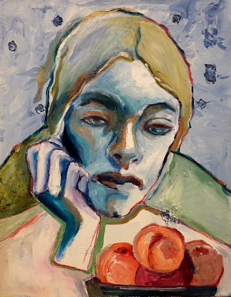 Blue Woman and Peaches Painting by Jeremy Allan | Saatchi Art