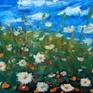 chamomile wild flowers in the grass blue sky with clouds Painting by ...
