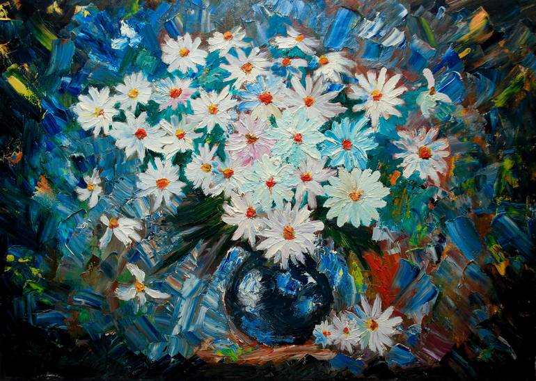 wild chamomile spring flowers in a vase with paint strokes Painting by ...