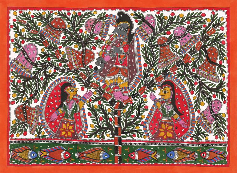 Madhubani Painting-Krishna Leela, Gopi Vastra Haran Painting by Sarita ...