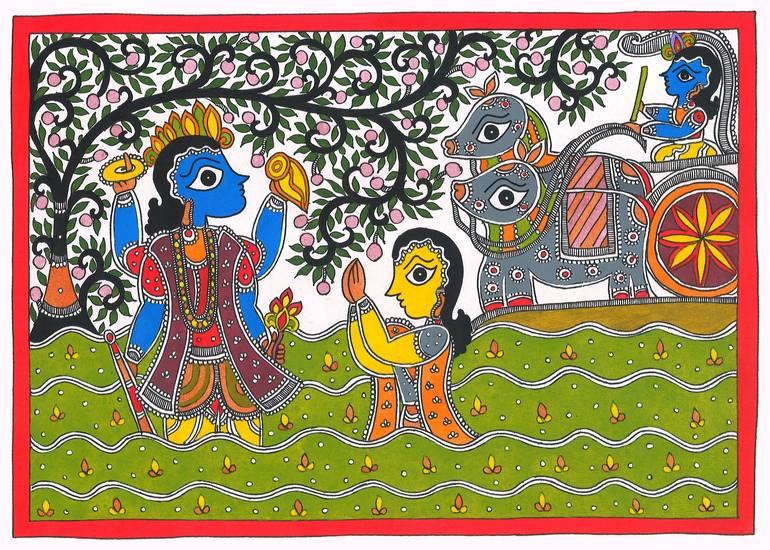 Madhubani Painting-Krishna And Akrura Painting by Sarita Devi | Saatchi Art