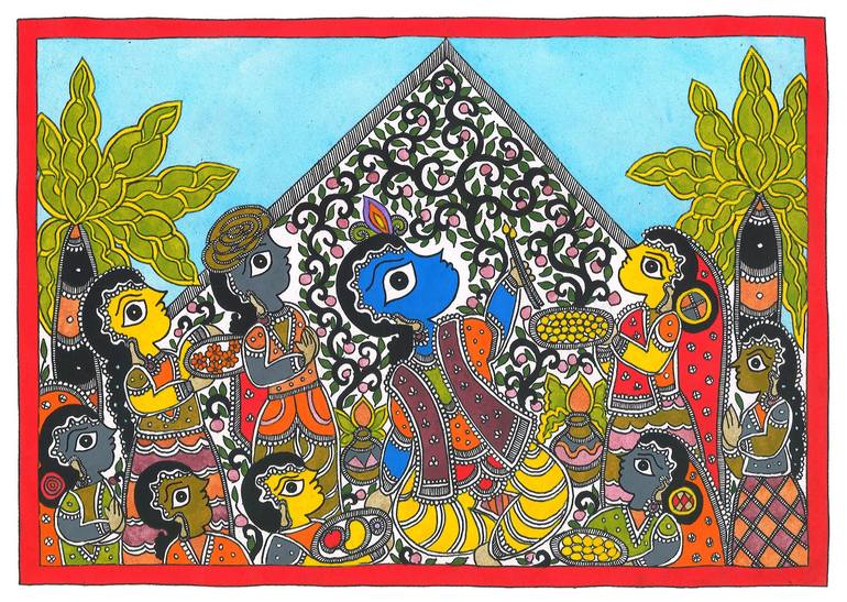 Madhubani Painting-Govardhan Puja Painting by Sarita Devi | Saatchi Art