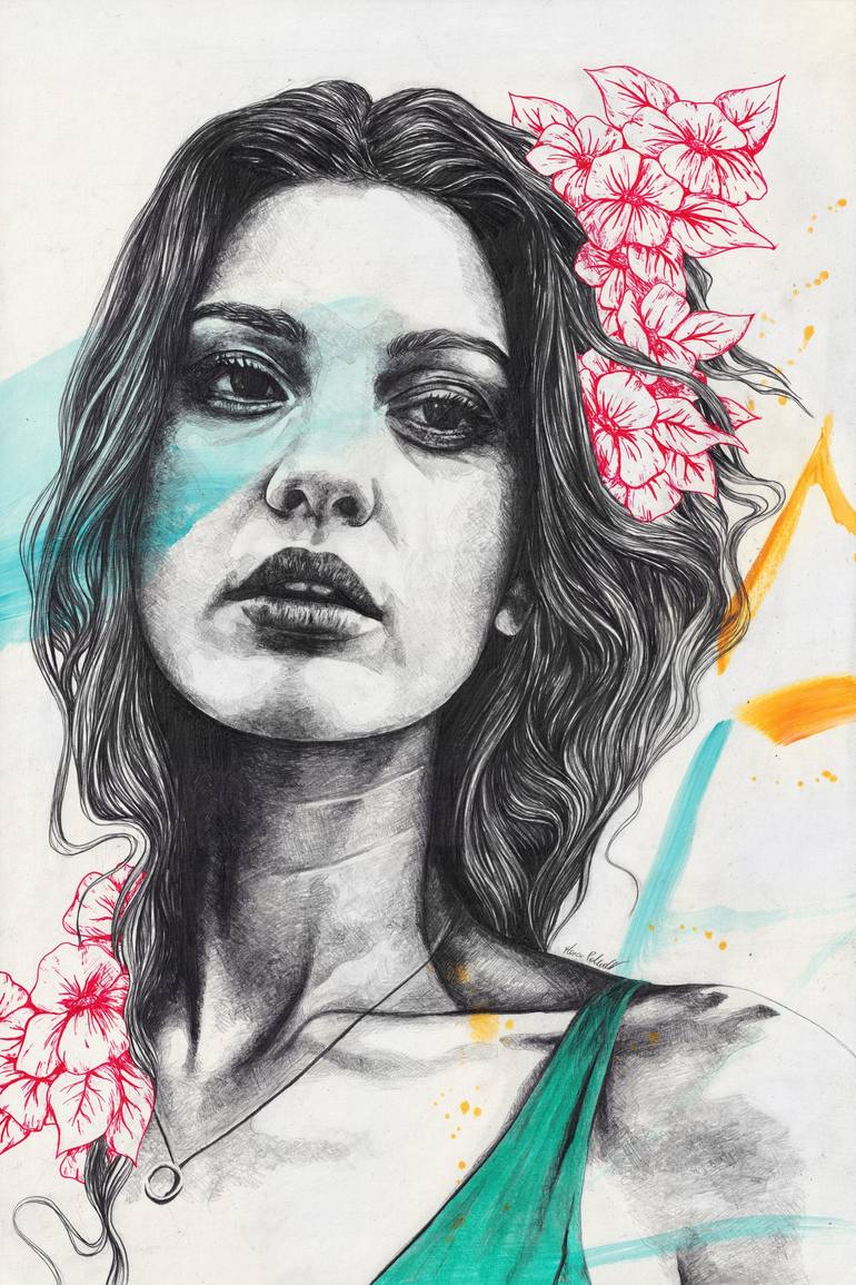 Body Behaviour | woman with red doodle flowers Drawing by Marco Paludet ...